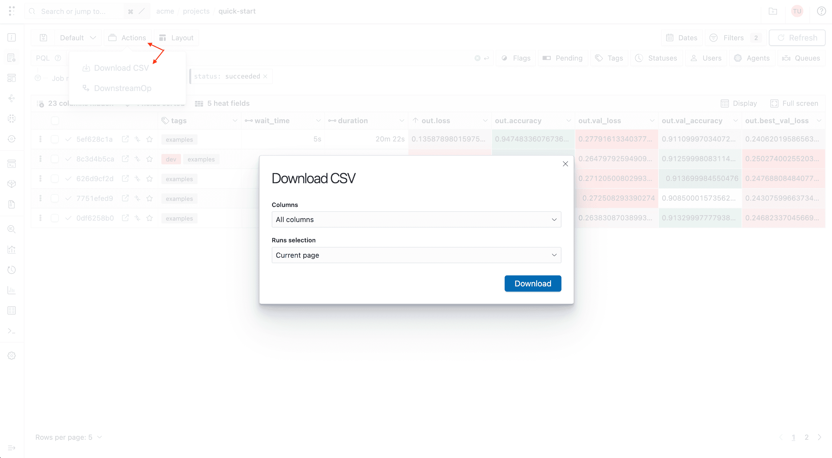 Introduction to Querying Metadata and Artifacts Using Polyaxon the UI - Polyaxon quick start ...
