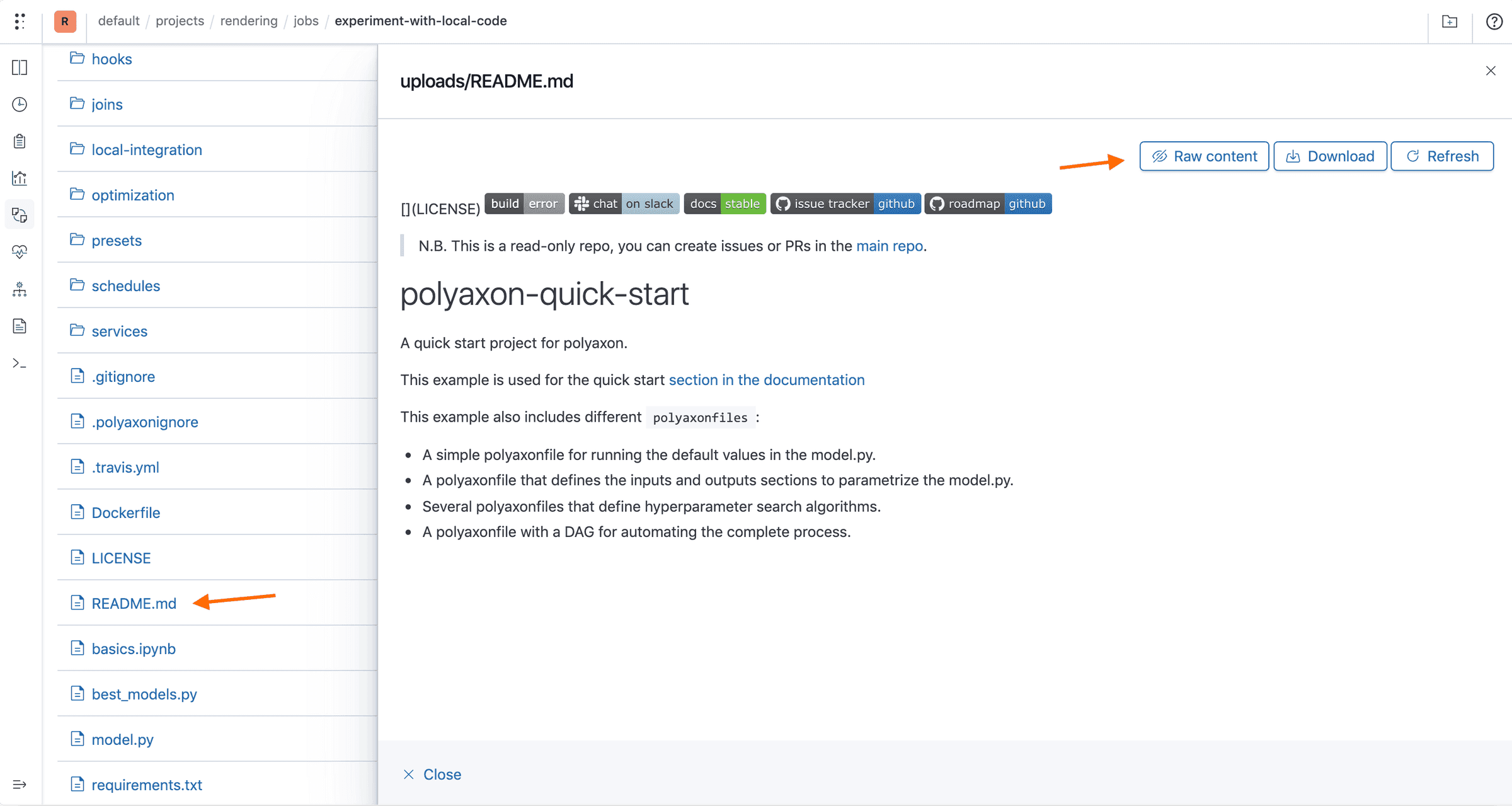Polyaxon + Markdown Auto-Rendering Integration