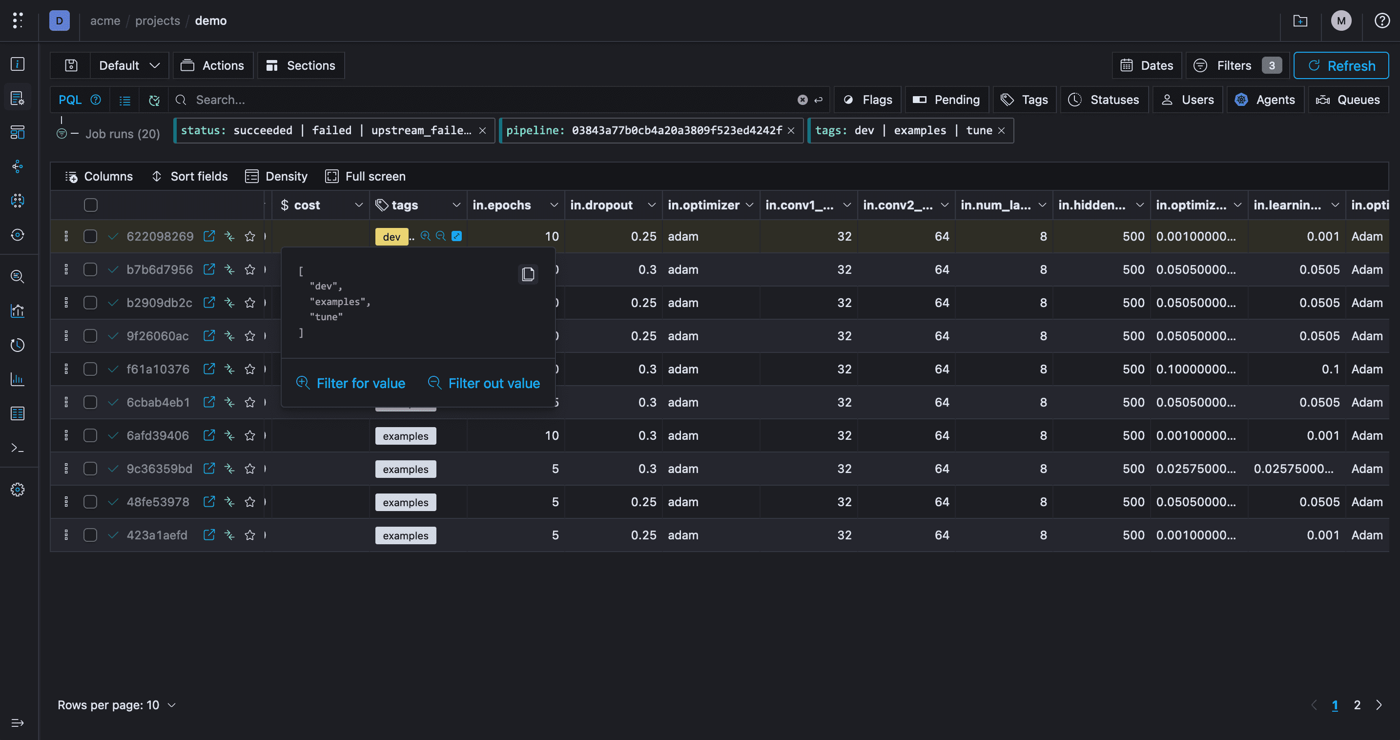 Polyaxon v1.12: Filter for/out values
