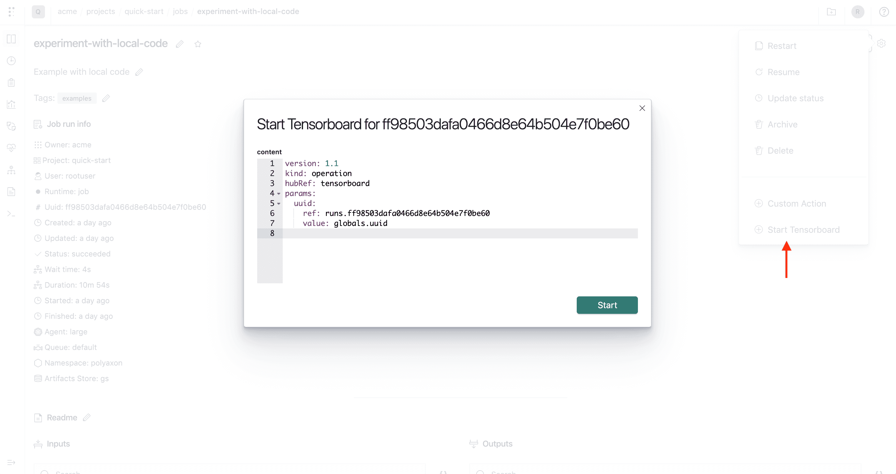 Single Tensorboard - Polyaxon quick start tutorial - Core Concepts
