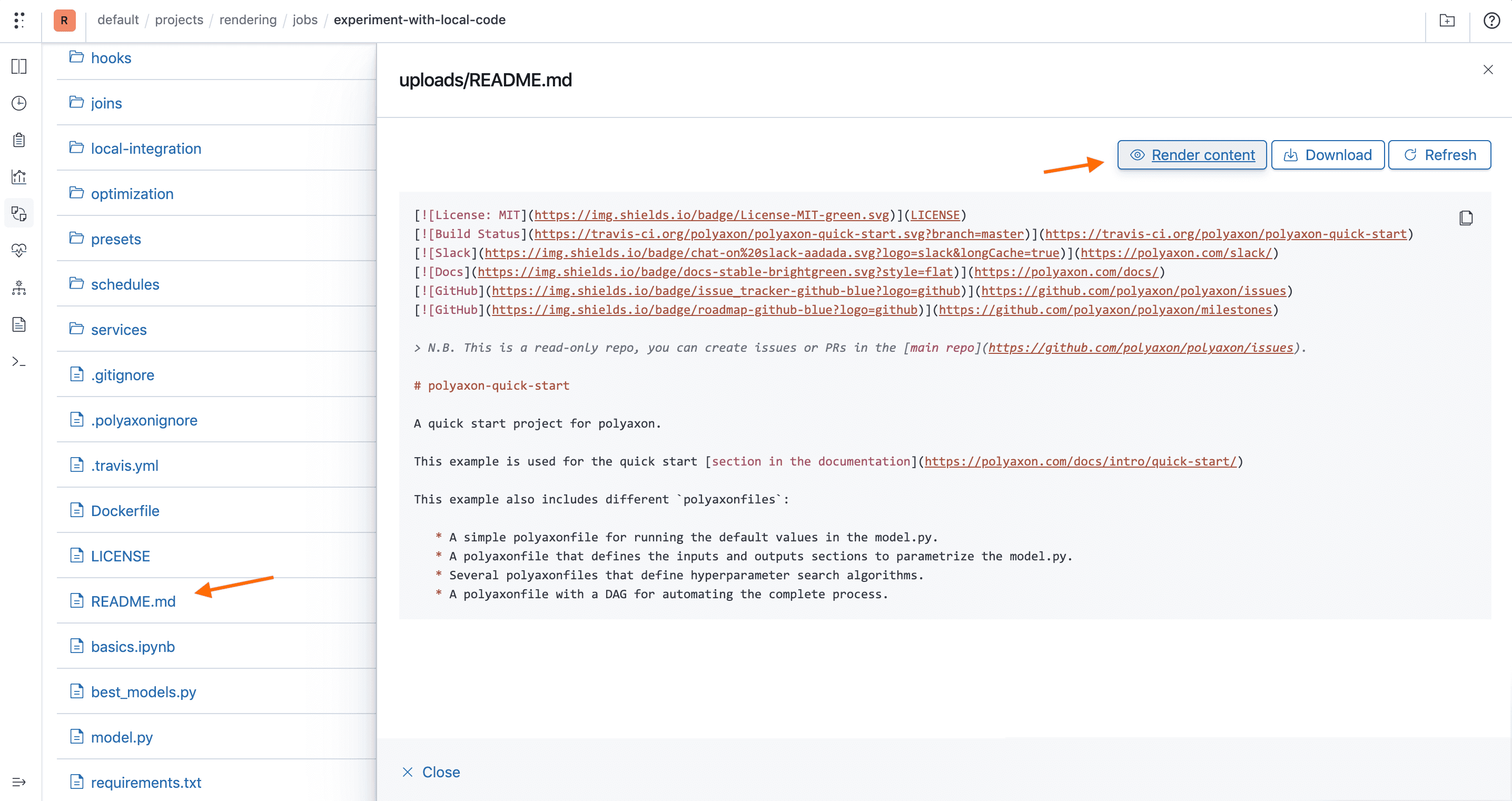 Polyaxon + Markdown Auto-Rendering Integration